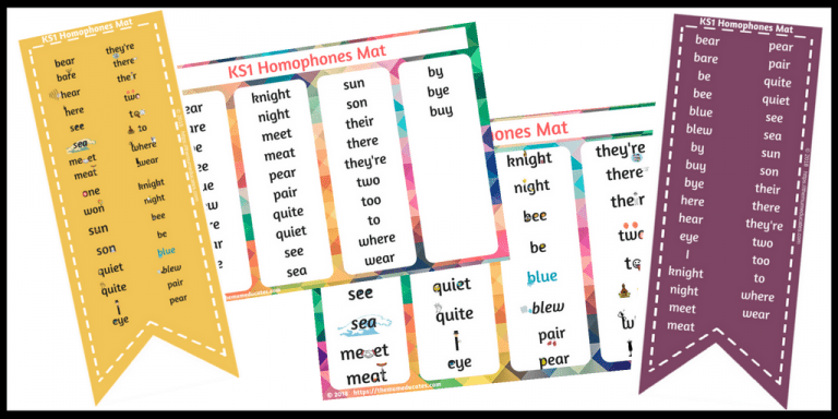 Year 2 Homophones Flashcards, Wordmat, Bookmarks & Worksheets