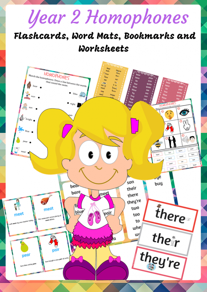 Year 2 Homophones Flashcards, Wordmat, Bookmarks & Worksheets