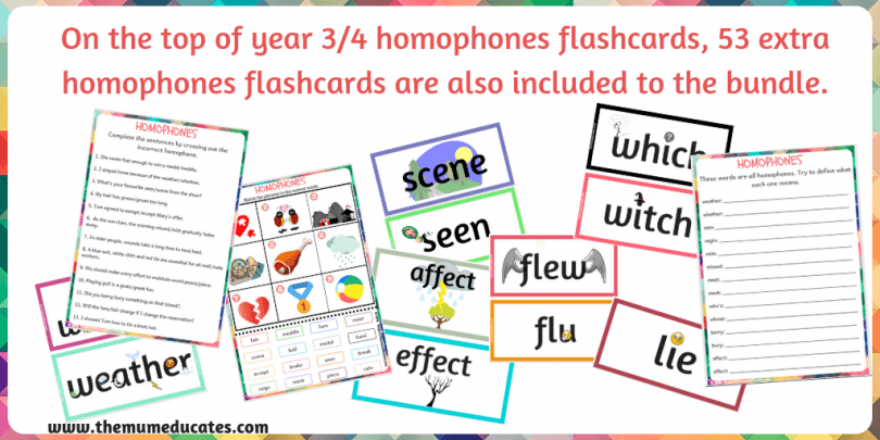 Year 3/4 Homophones Flashcards, Wordmat, Bookmarks & Worksheets