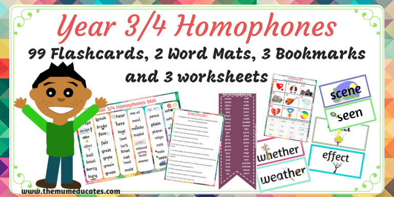Year 3/4 Homophones Flashcards, Wordmat, Bookmarks & Worksheets