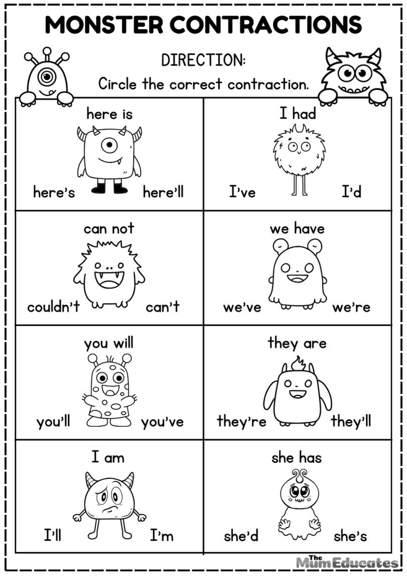 Contractions in Grammar Worksheets - FREE - The Mum Educates
