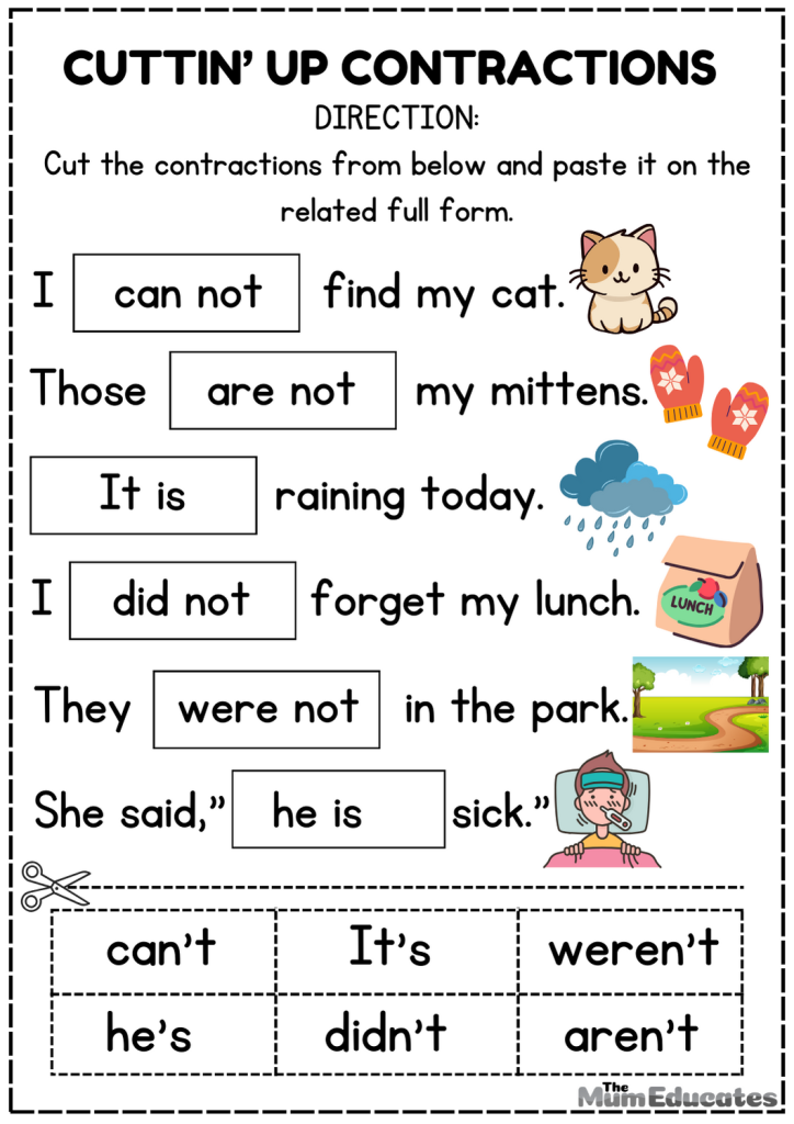 Contractions in Grammar Worksheets - FREE - The Mum Educates
