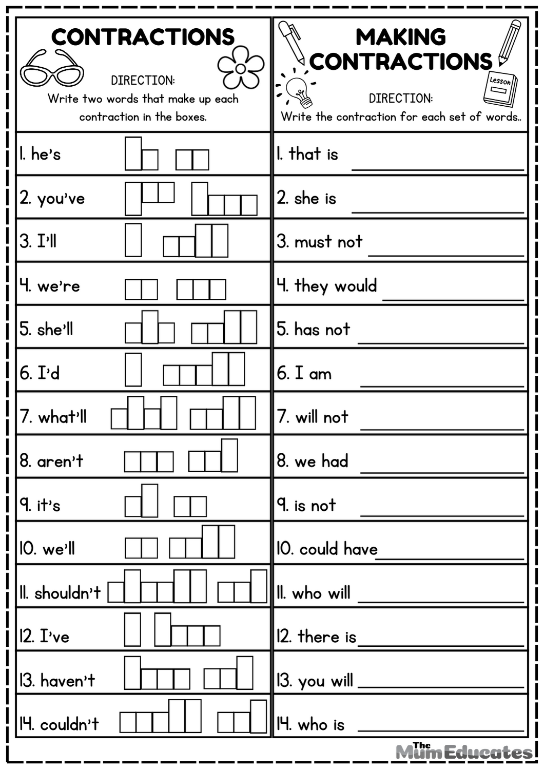 Contractions in Grammar Worksheets - FREE - The Mum Educates